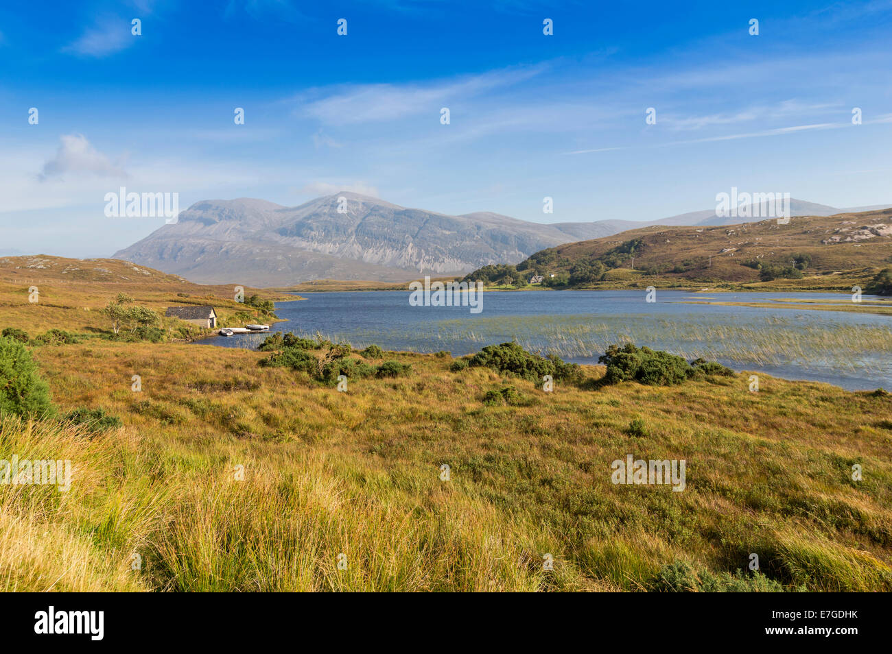 LOCH STACK AND FISHING BOATS ARKLE THE MOUNTAIN IN LATE SUMMER ...