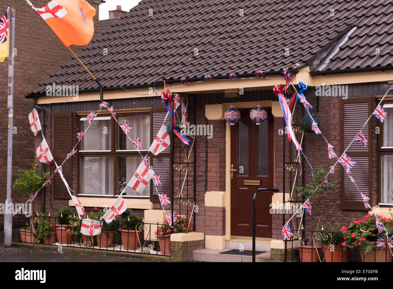 Unionist Houses decorated with Union Jacks in Belfast, 12.8.2014 Stock ...
