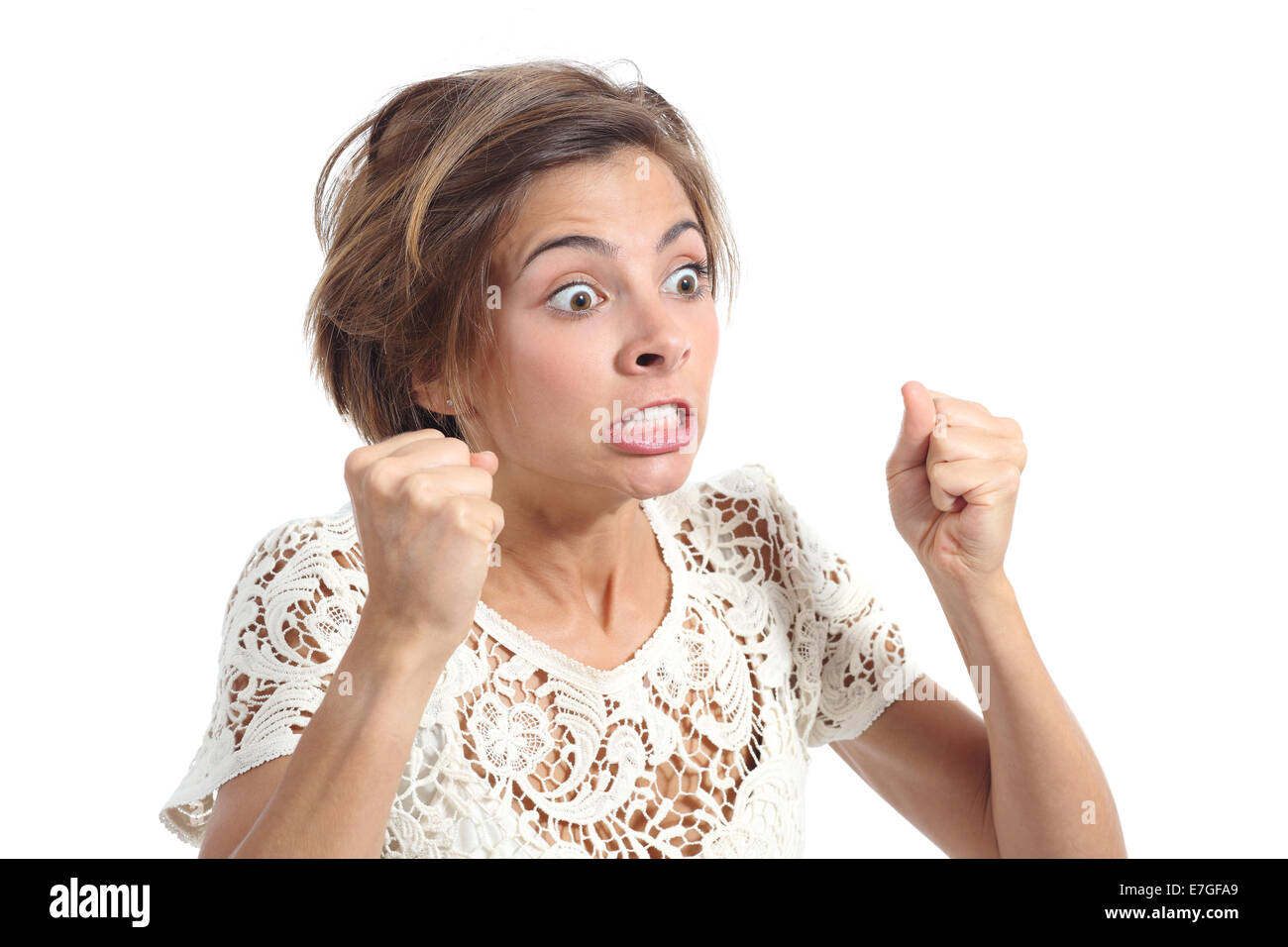 Angry crazy woman with rage expression isolated on a white background ...