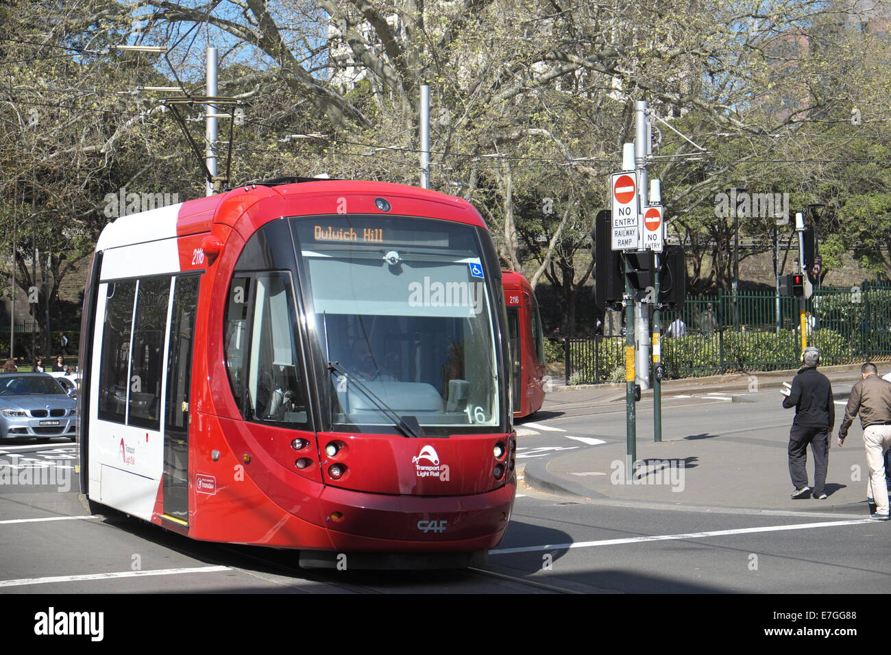 Sydney light rail train service entering hay street in central business ...