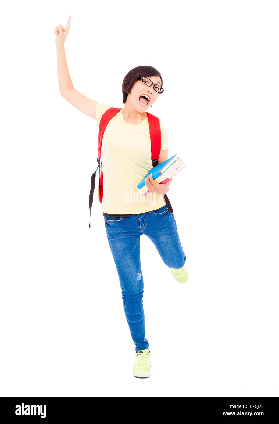 happy young student girl running and raising a hand Stock Photo - Alamy