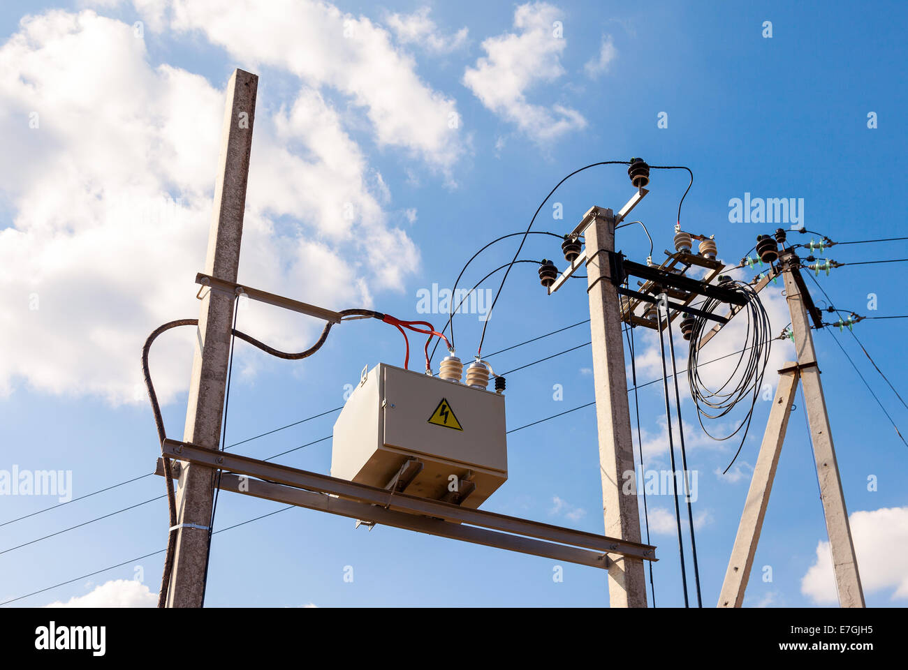 Transformer on high power station against blue sky background Stock ...