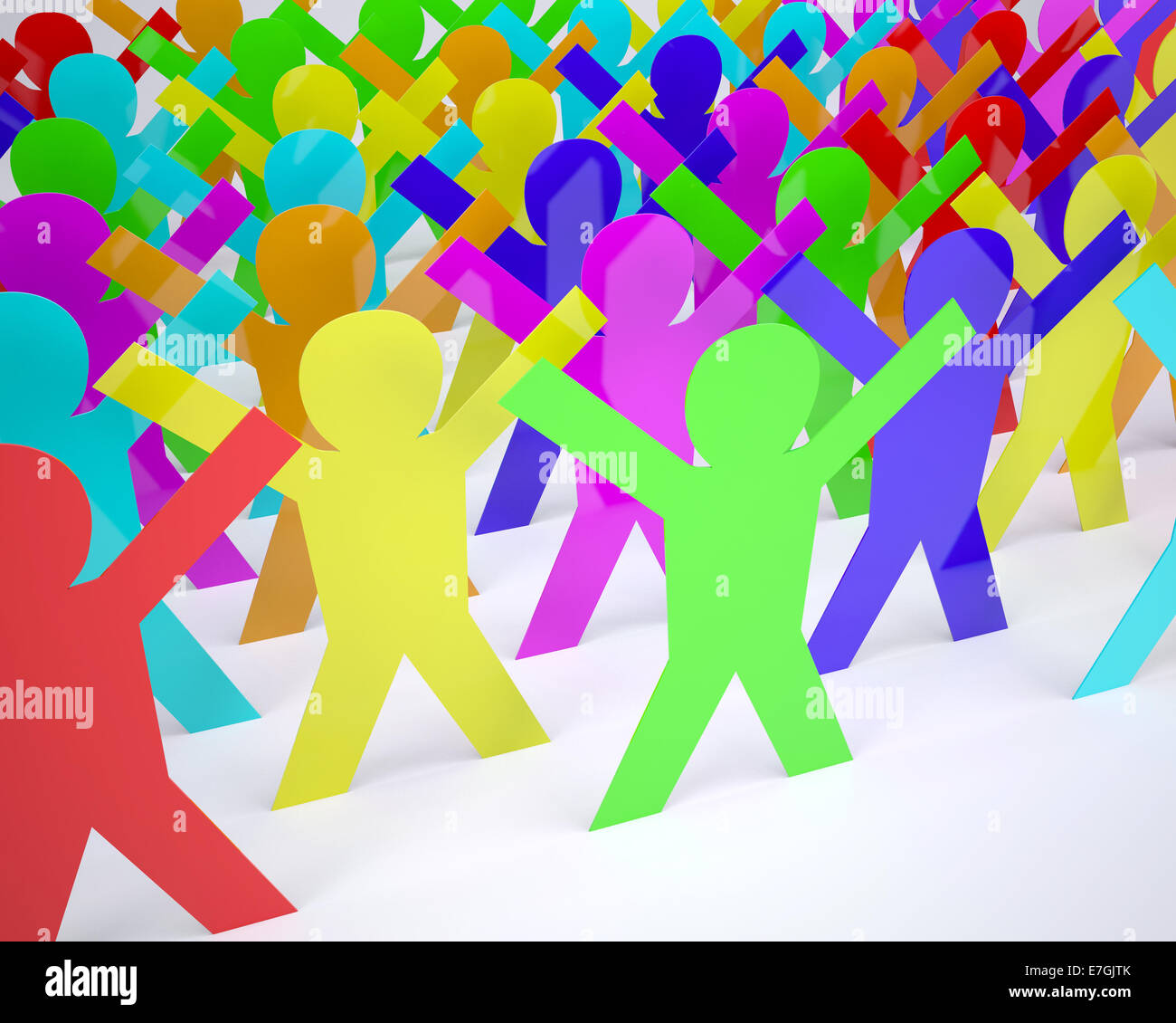 many people cartoon silhouette colored with hands in up, 3d ...