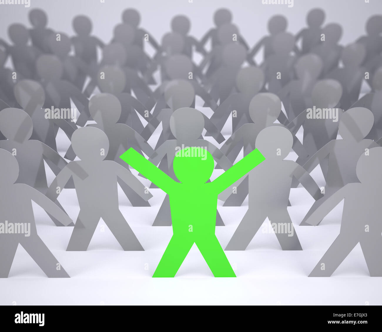 many people cartoon silhouette grey colored and one green with hands in ...