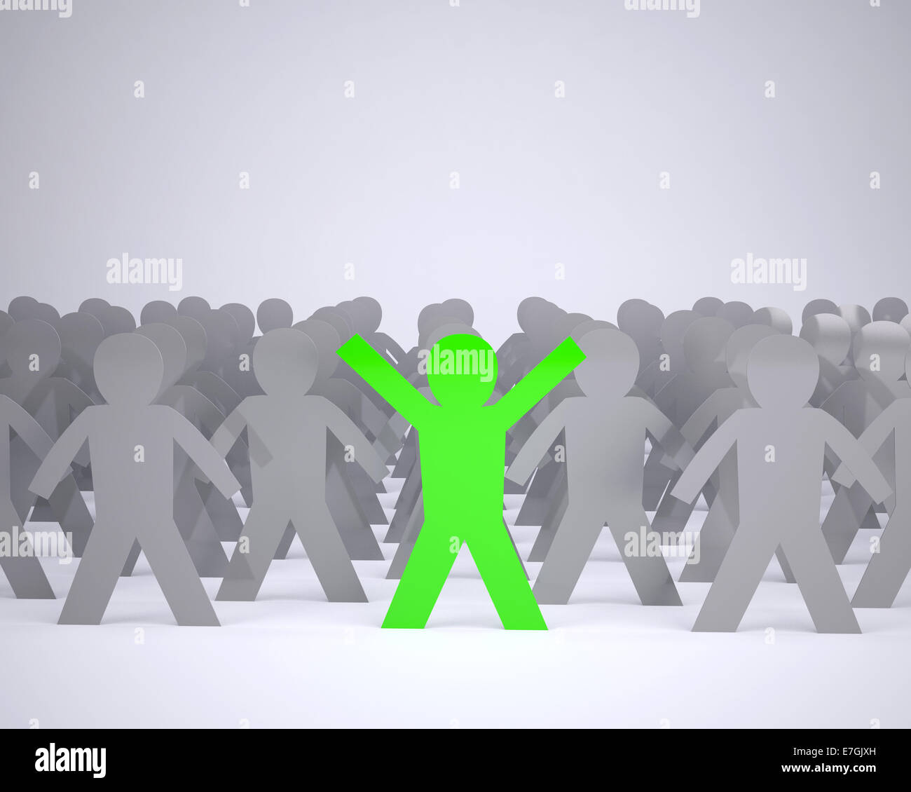 many people cartoon silhouette grey colored and one green with hands in ...