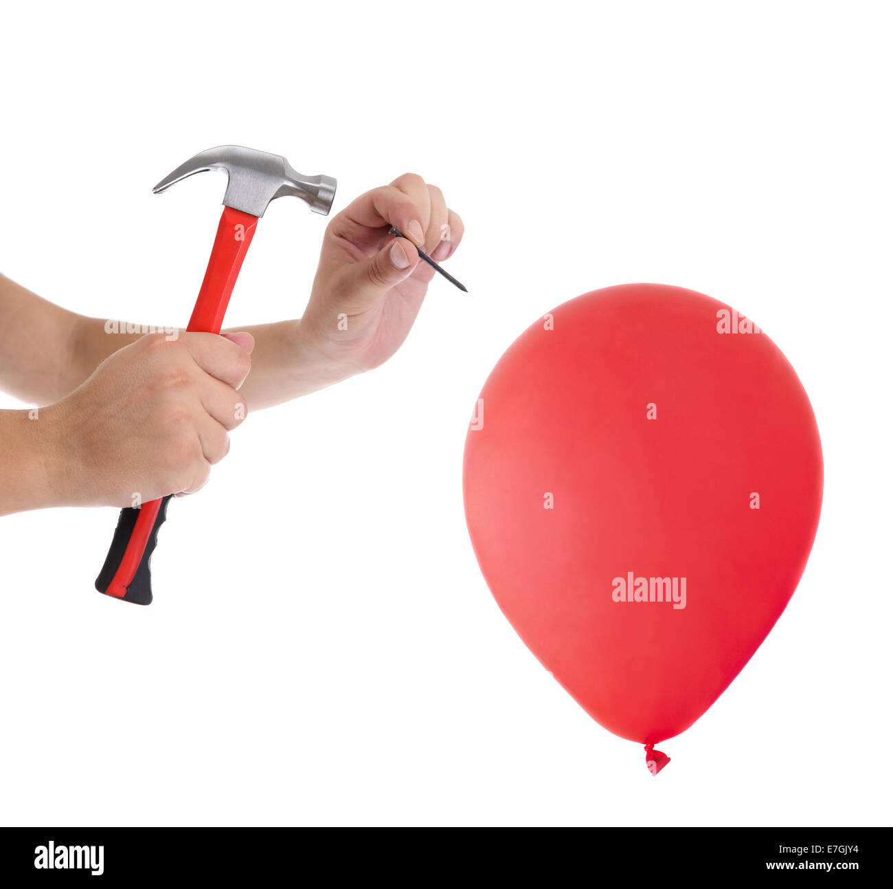 Man hitting a nail into a red balloon on the white background Stock ...