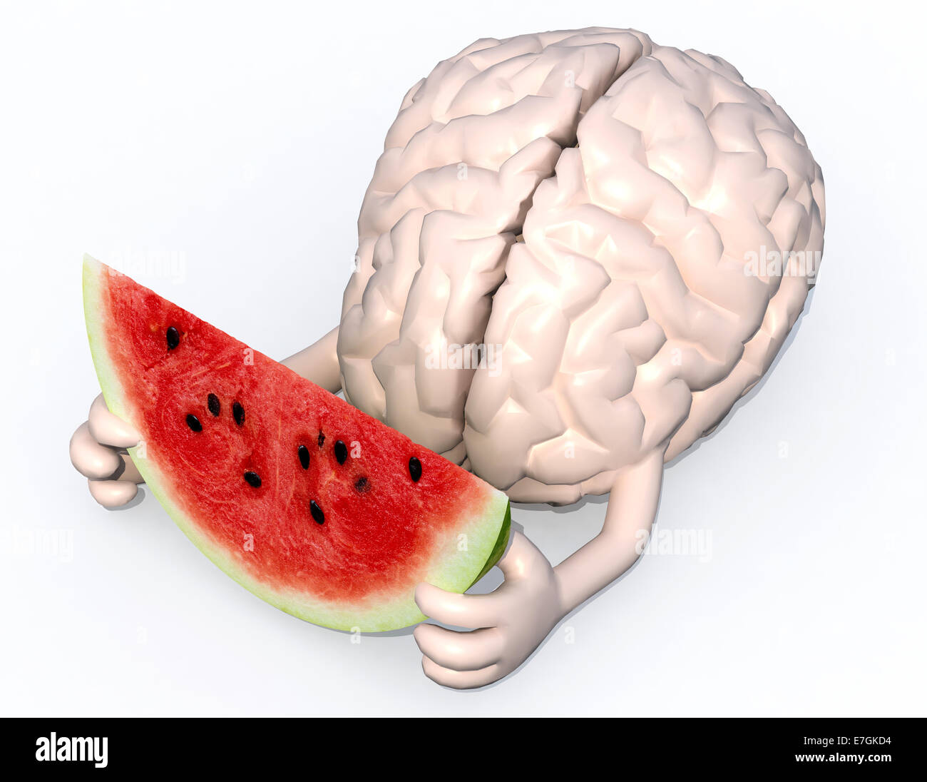 human brain with arms and a watermelon slice on hands, 3d illustration ...