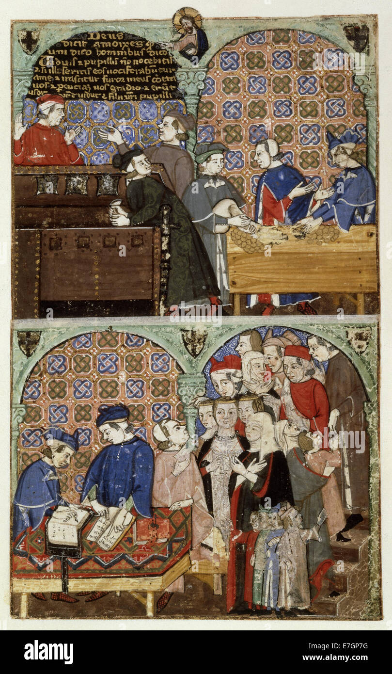 Illustration from the late 14th century, showing scenes of a counting ...