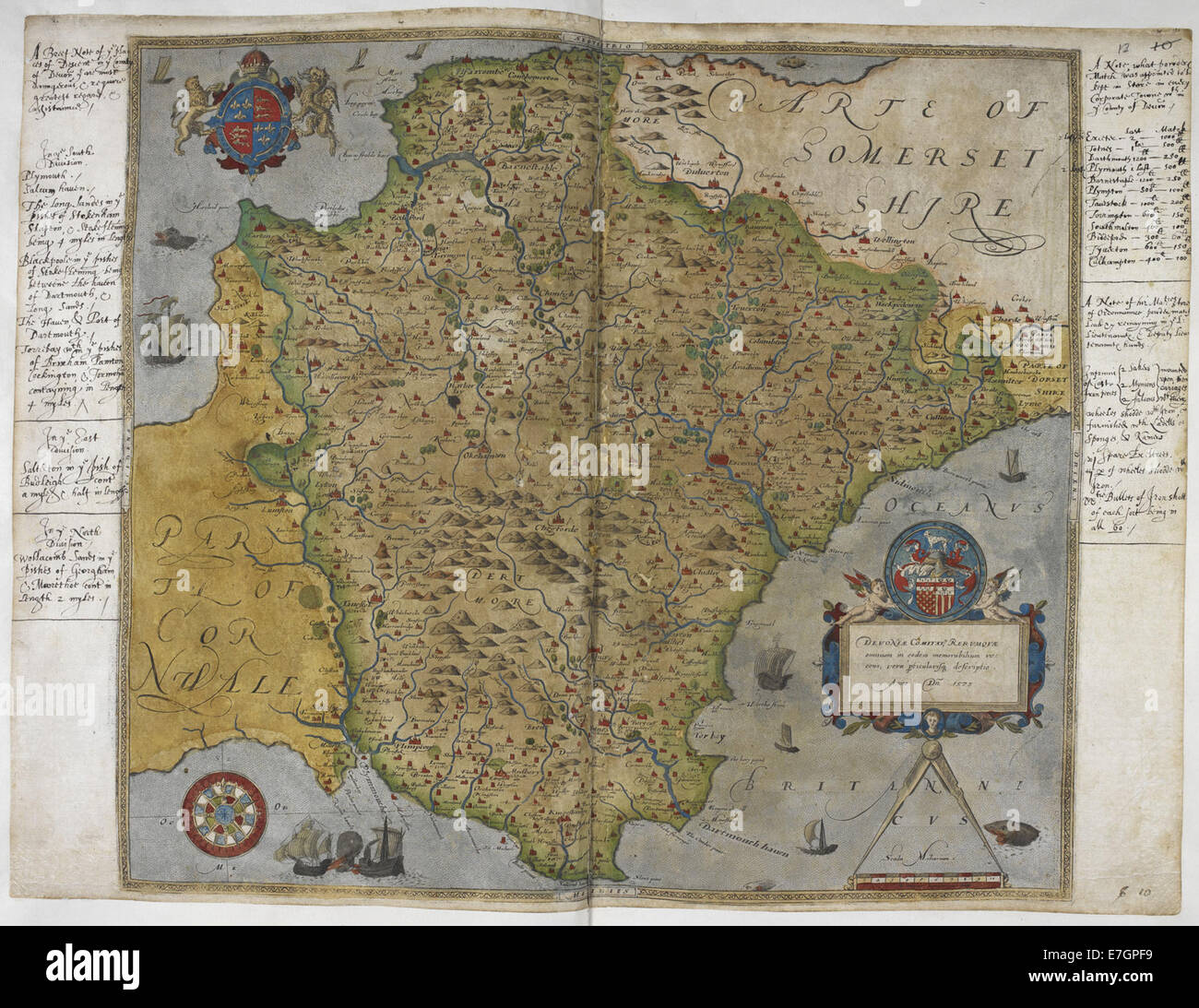 A 1579 map of Devon, from Lord Burghley's Atlas, showing detailed ...