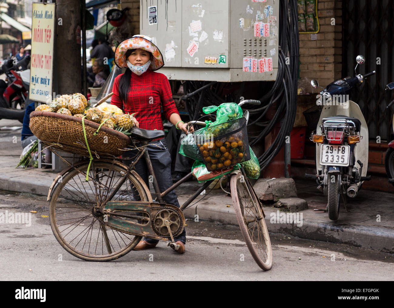 Female street vendor selling pineapples out of a basket on her bicycle ...