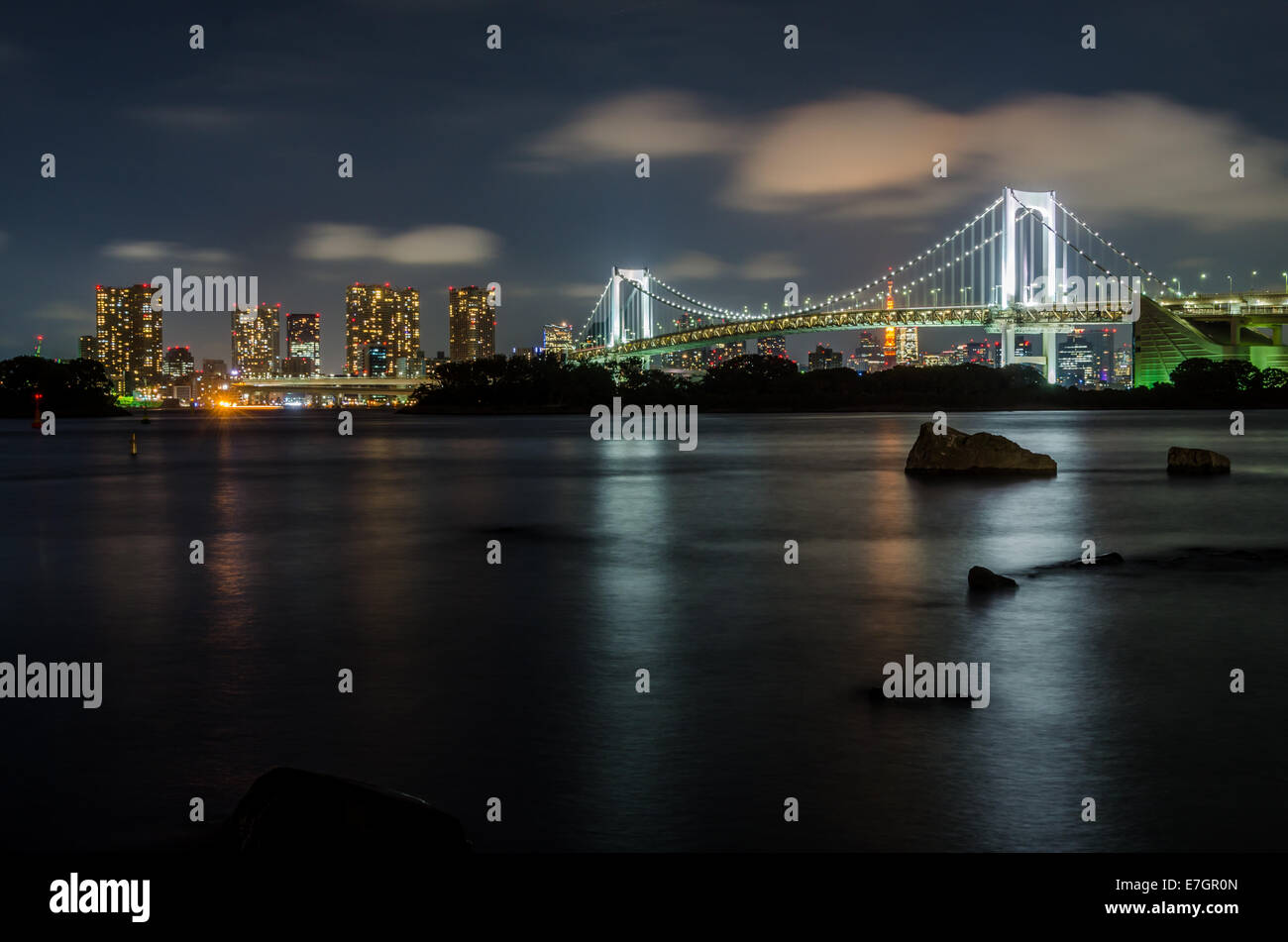 Tokyo Rainbow Bridge and skyline night view from Odaiba island Stock ...