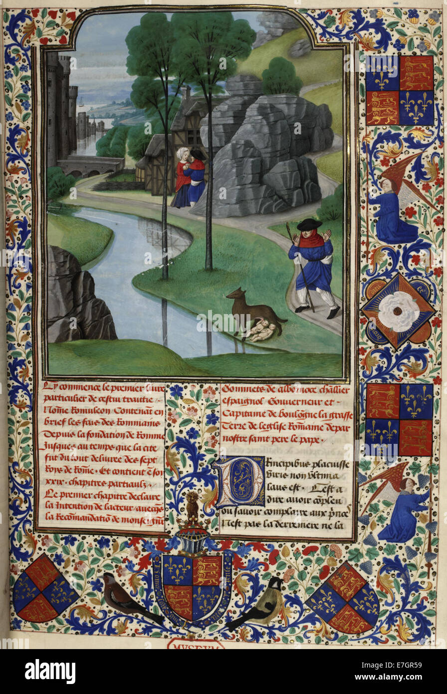 An illustration from Romuléon (1480), depicting the moment Faustulus ...