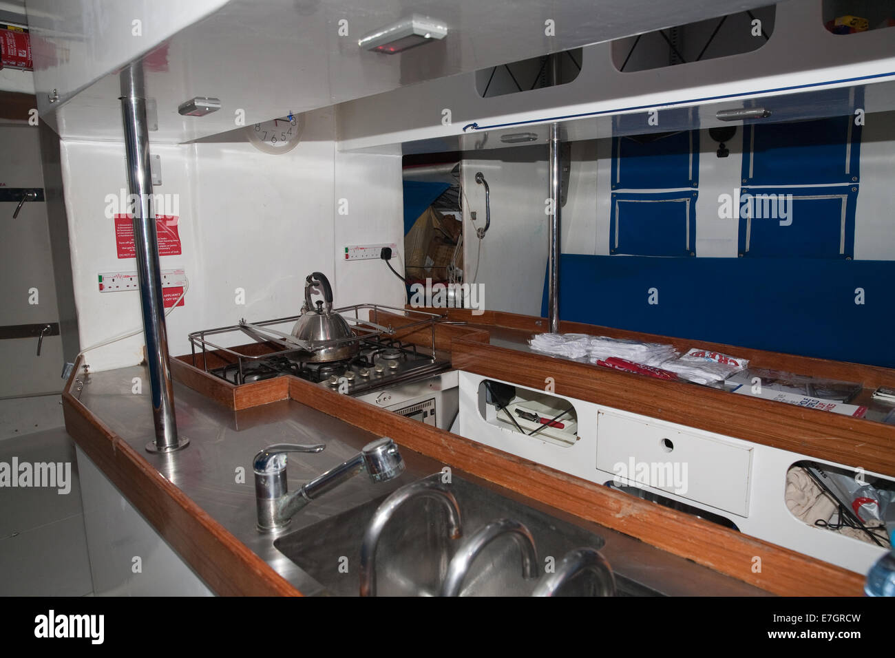 The galley inside a round the world yacht at the Southampton Boat Show ...