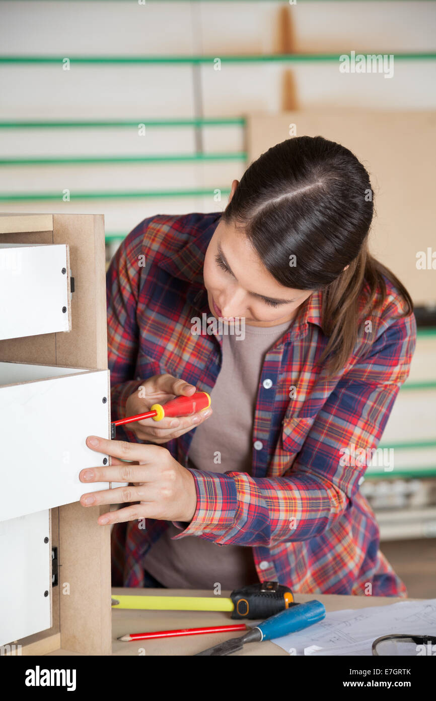 Carpenter Fitting Nails In Drawer With Screwdriver Stock Photo - Alamy