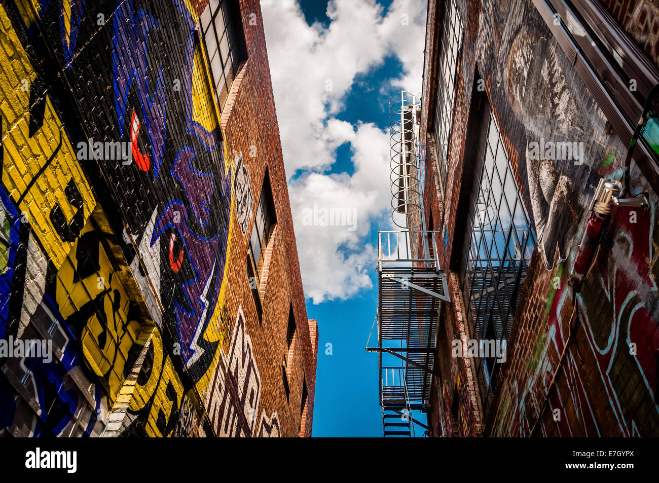 Walls of old buildings in Graffiti Alley, Baltimore, Maryland Stock ...