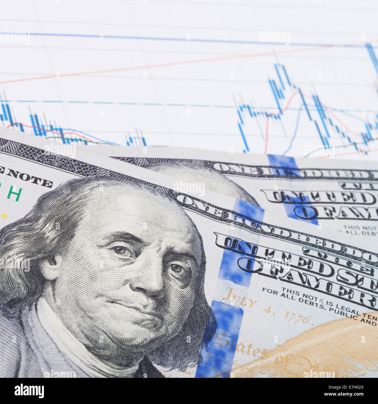 100 USA dollars banknote with pen over stock market chart - studio shot ...