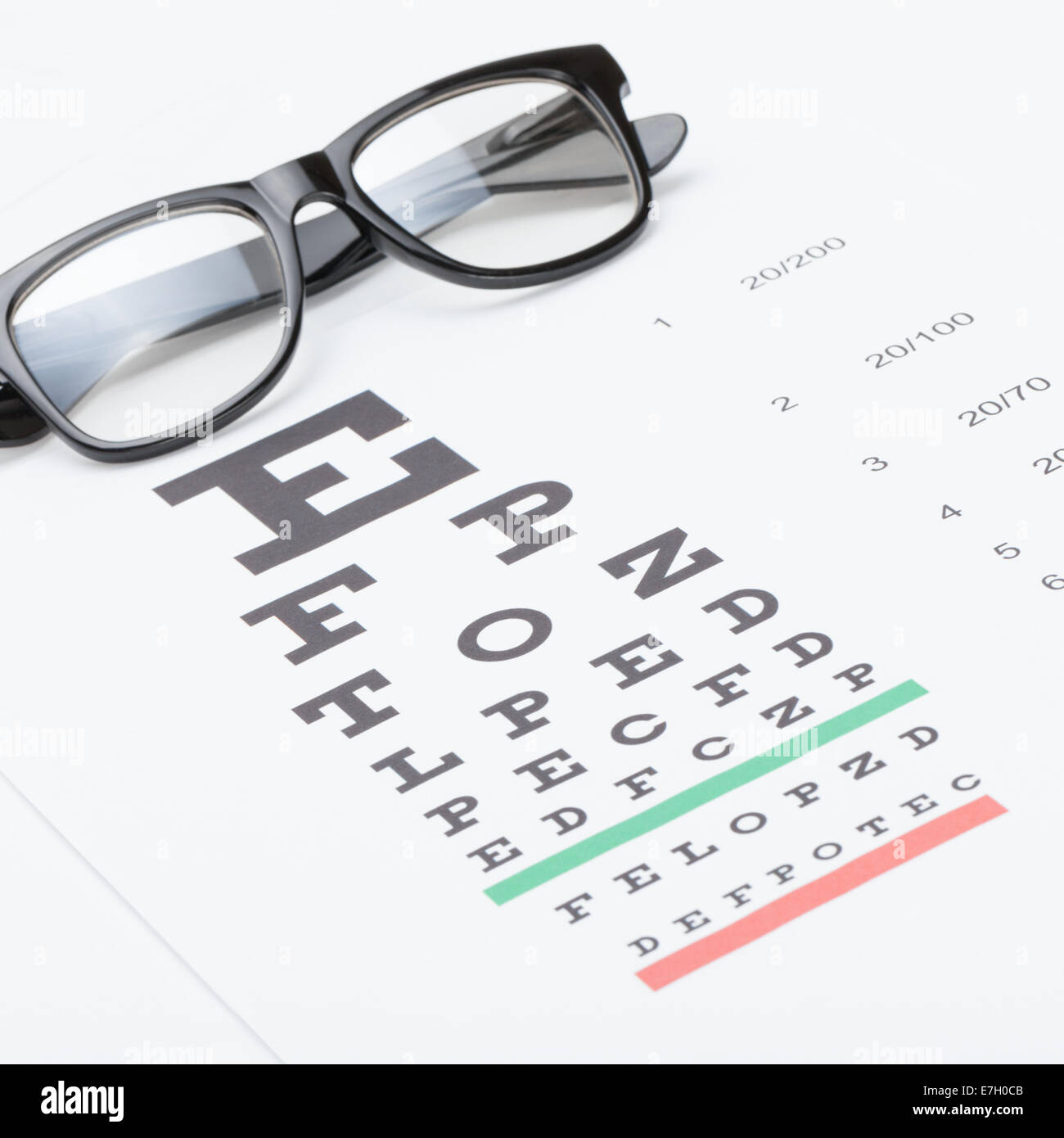 Studio shot of eyesight test chart with glasses over it - 1 to 1 ratio ...