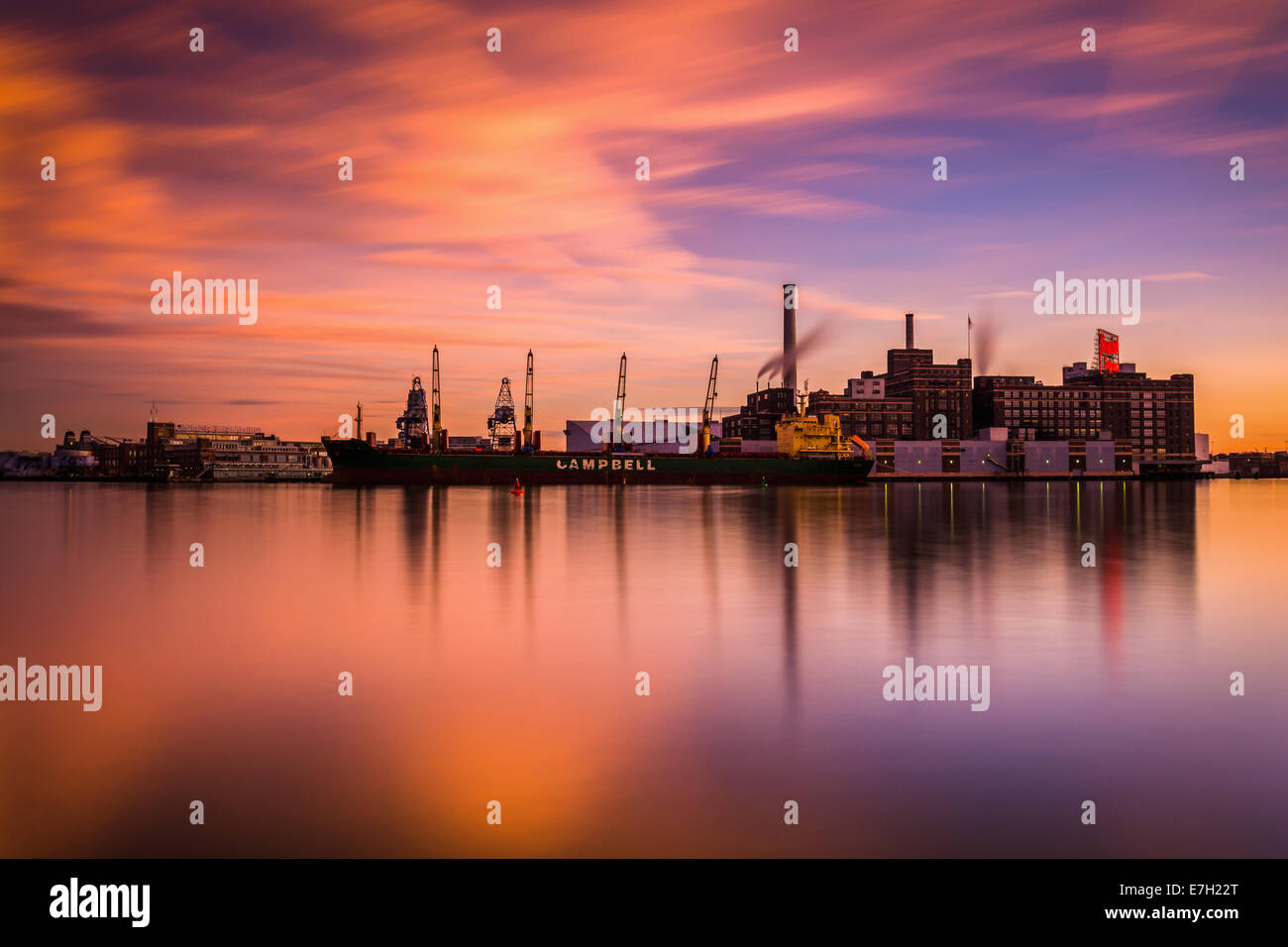 Long exposure at sunset of ships in the Port of Baltimore, seen from ...