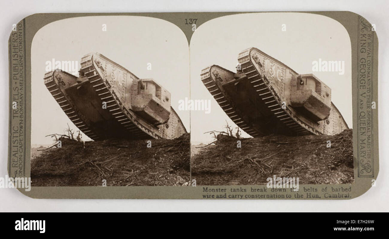 Stereoscopic image from 1917 showing a tank breaking through barbed ...