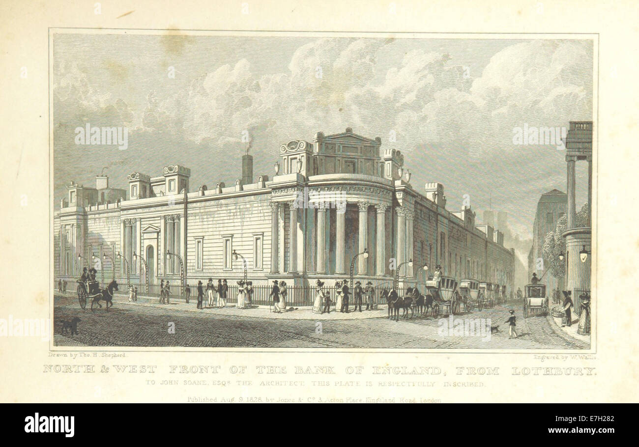 Illustration showing the north and west fronts of the Bank of England ...