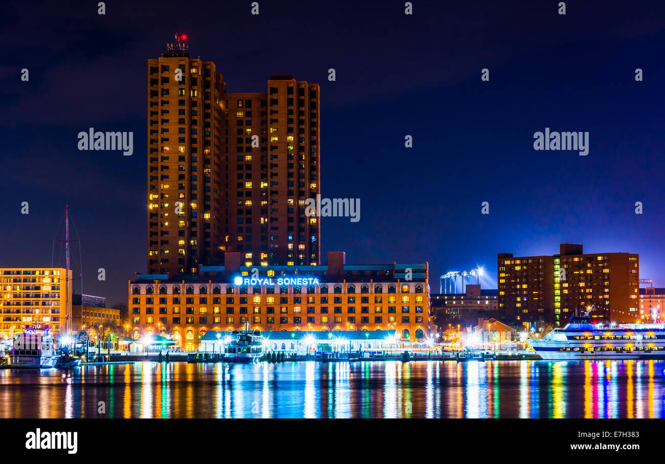 Waterfront buildings at night in the Inner Harbor, Baltimore, Maryland ...