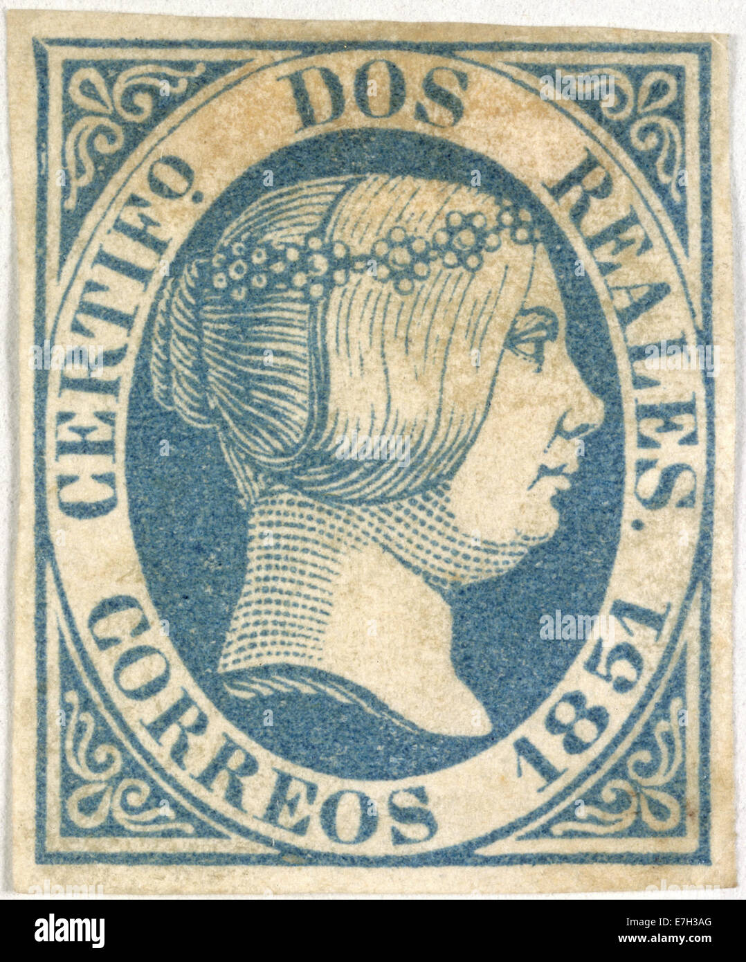 An image of a 2 reales stamp with a color error from Queen Isabella II ...