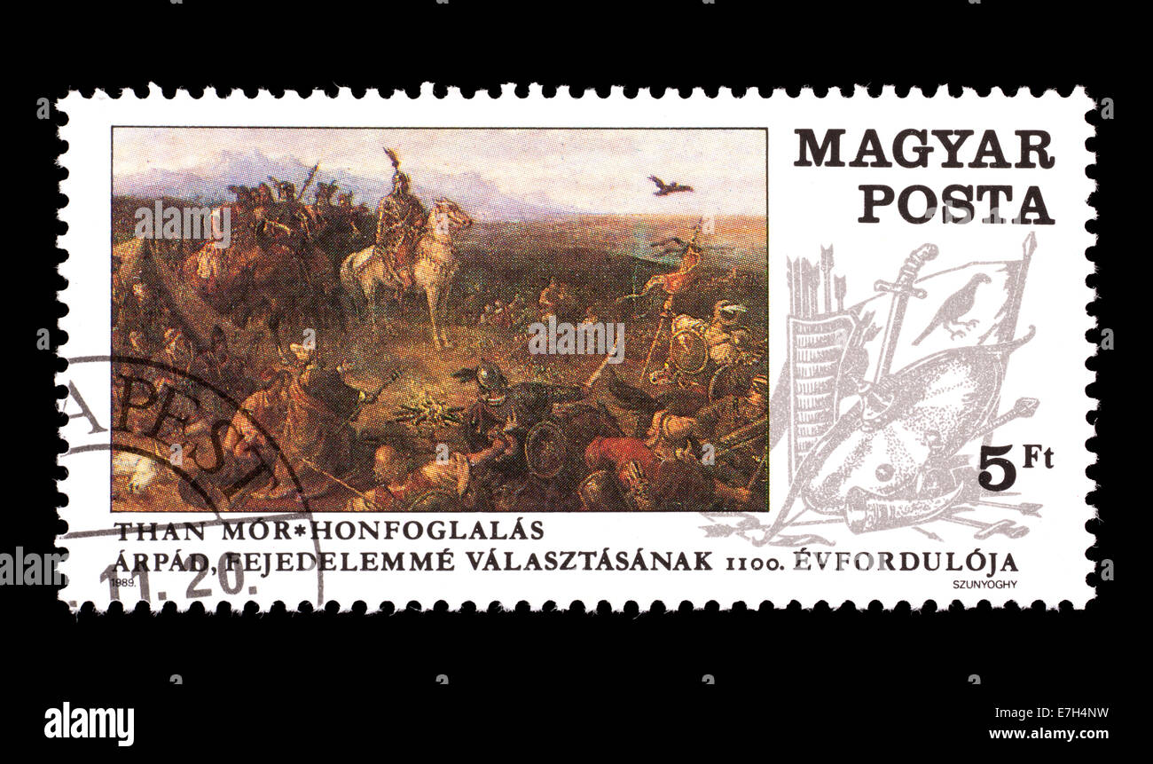 Postage stamp from Hungary depicting the Mor Than painting "Conquest of ...