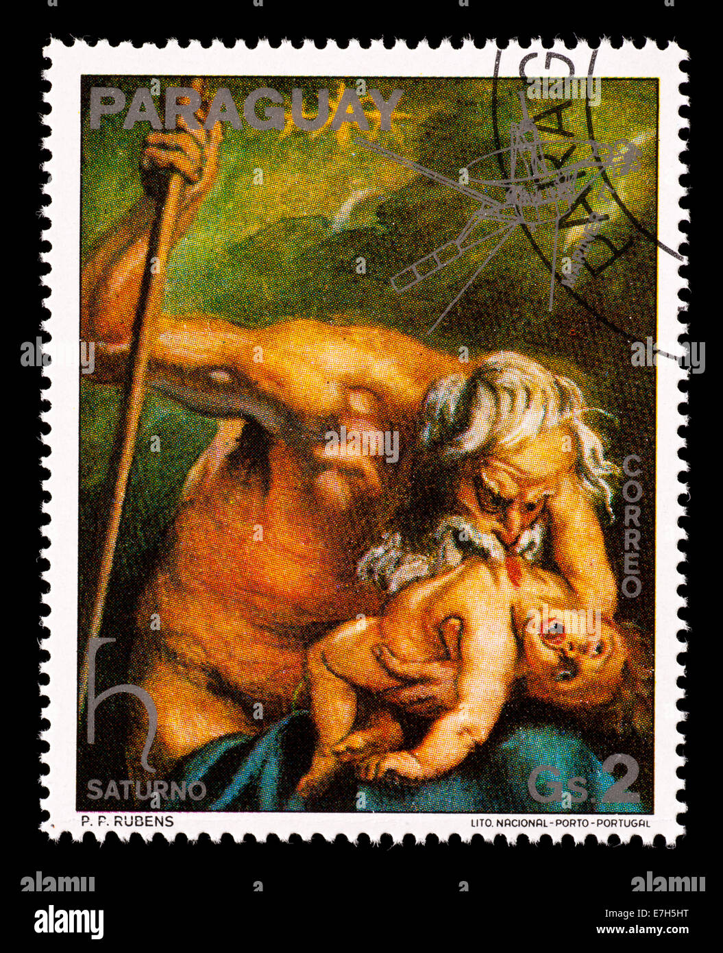 Postage stamp from Paraguay depicting Saturn, painted by Rubens Stock ...
