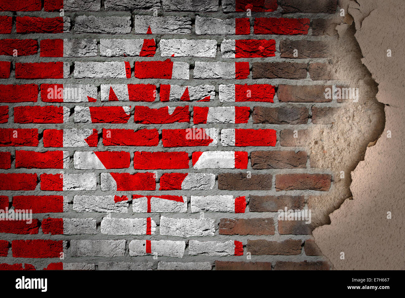 Dark brick wall texture with plaster - flag painted on wall - Canada ...