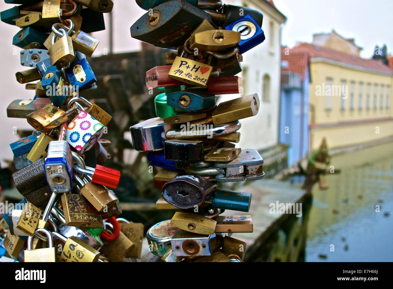 Love locks chained to a bridge in Prague, Czech Republic Stock Photo ...