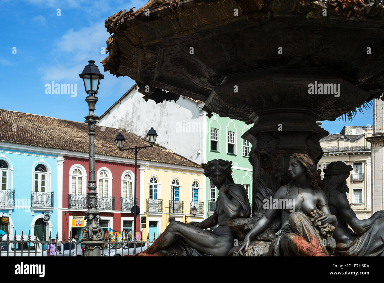 Brazil, Salvador, the fountain and the colored houses of Jesus square ...
