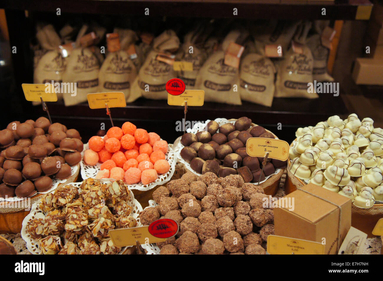 Selection of sweets and candies in a chocolate shop in Lviv Stock Photo ...