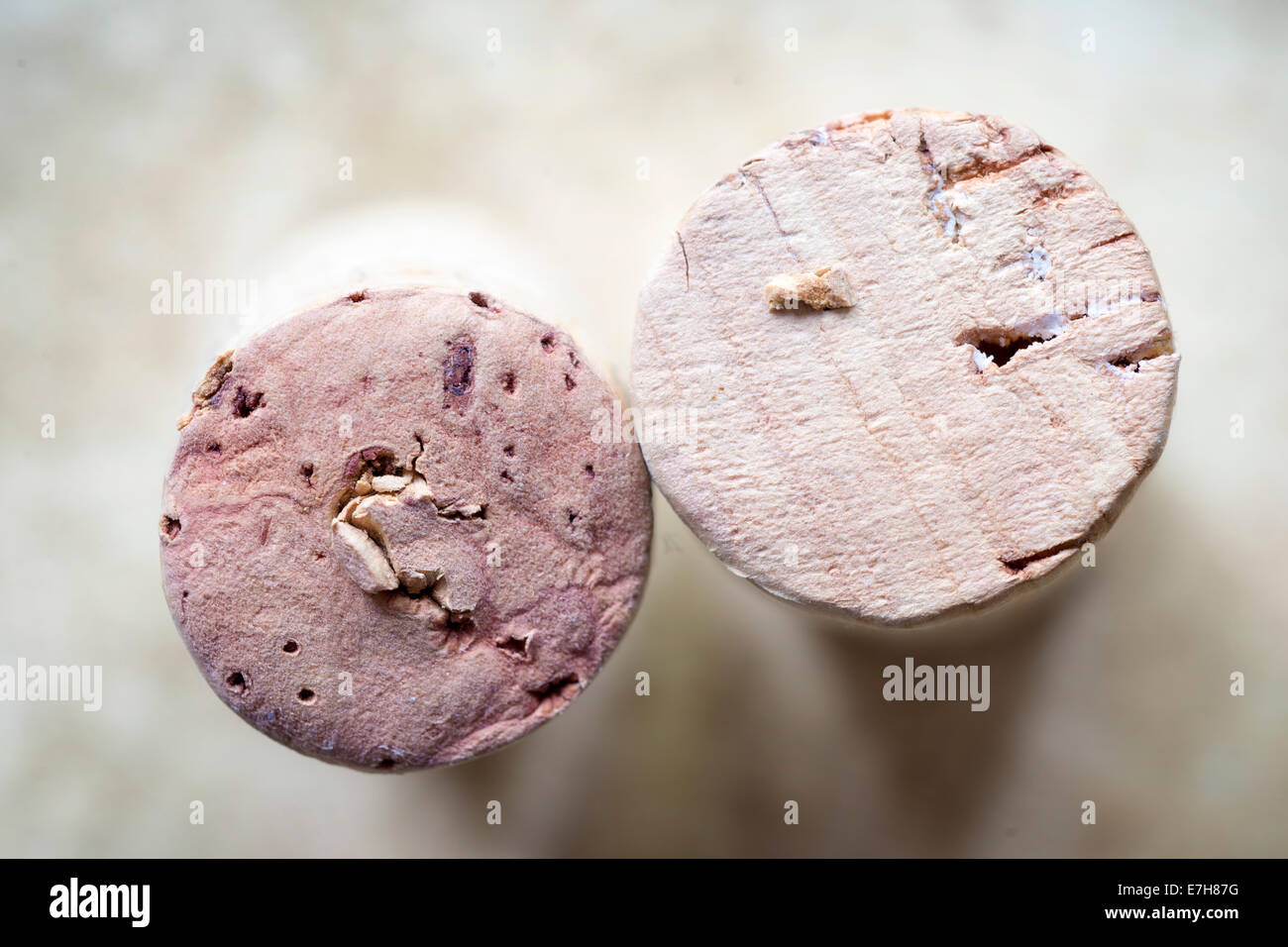 two wine corks detailed top with cracks from corkscrew Stock Photo - Alamy