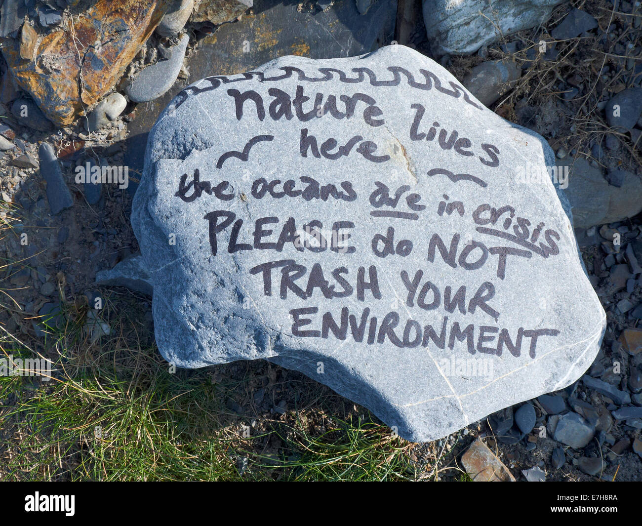 Request written on rock on the Ceredigion Coast Path near Aberystwyth ...