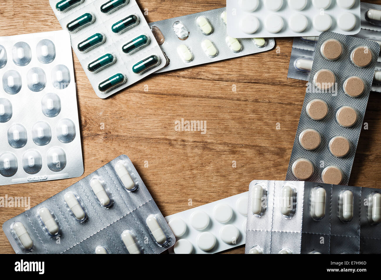 Medical background backdrop with frame border of pills tablets drugs on ...