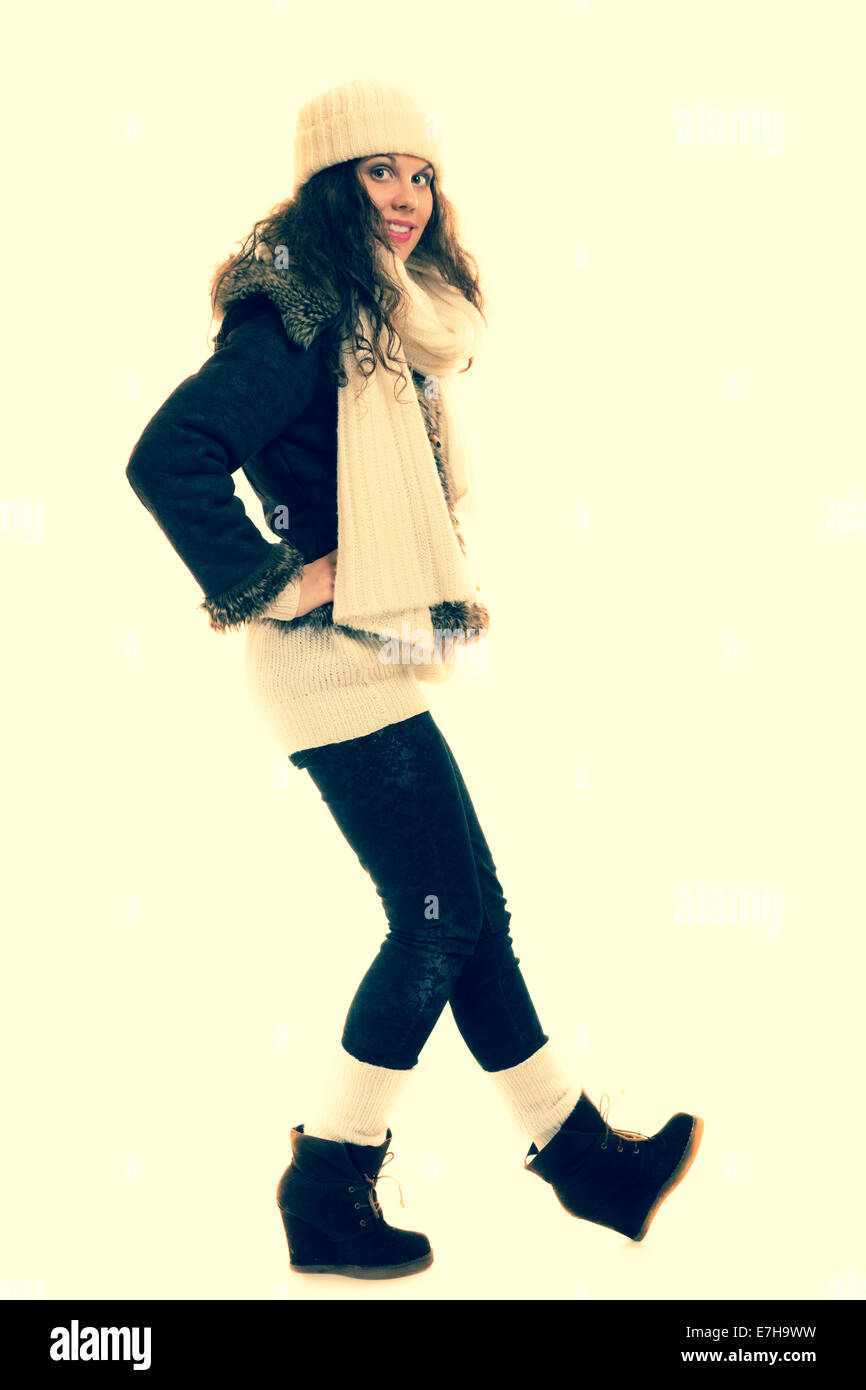winter fashion beautiful woman in warm clothing full length vintage ...
