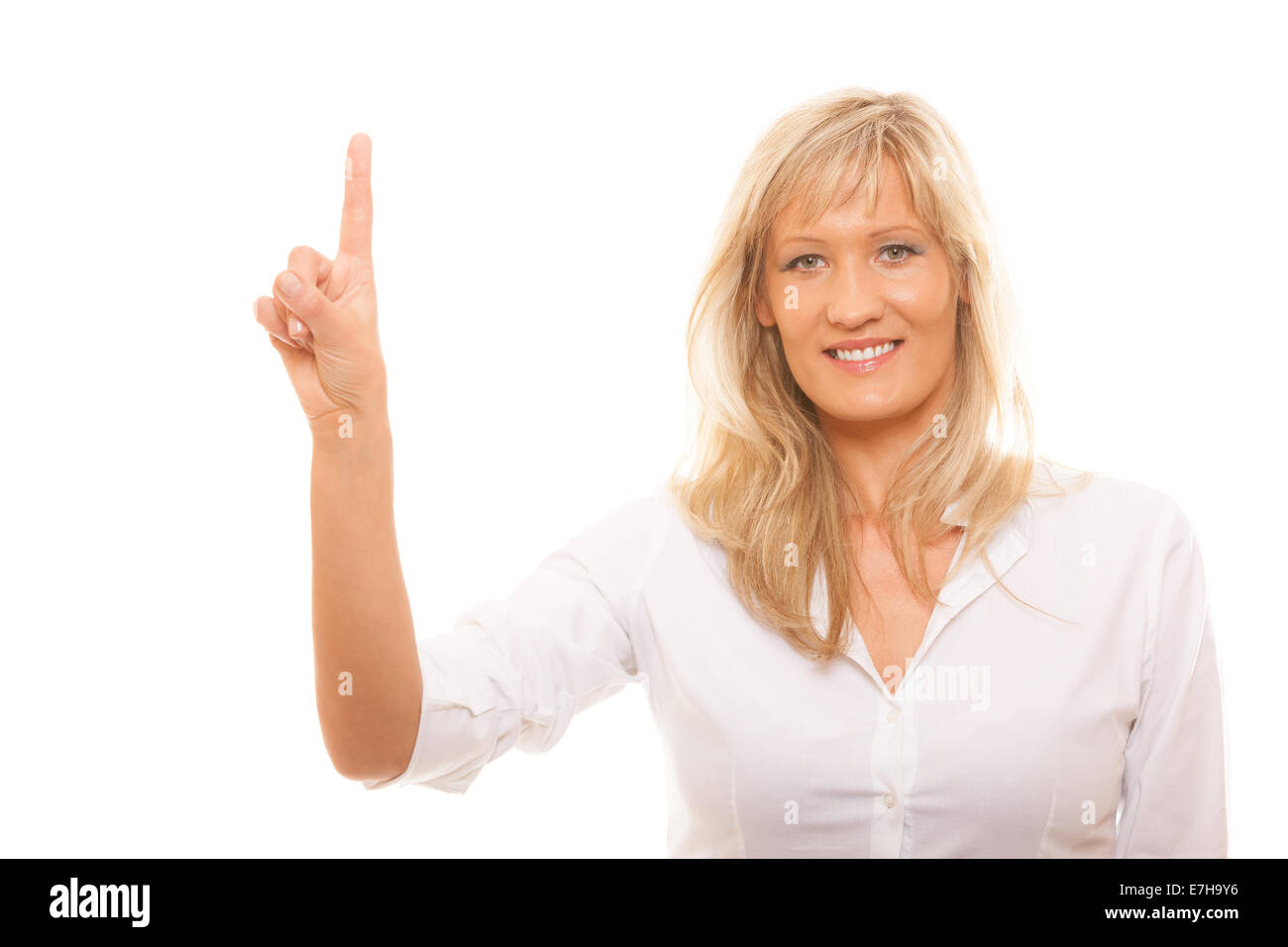 Business and future technology concept woman pointing with finger ...