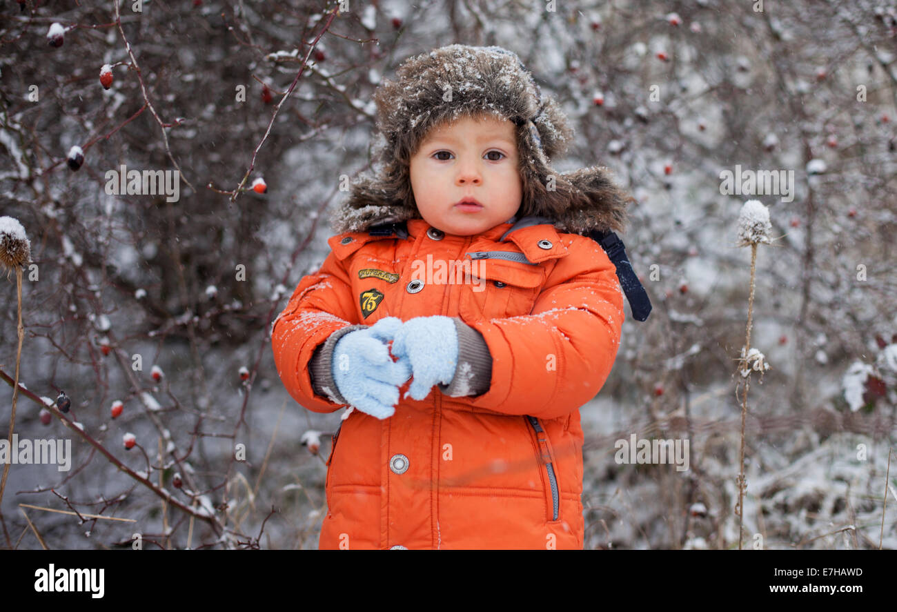 Winter snowy portrait of a boy Stock Photo - Alamy
