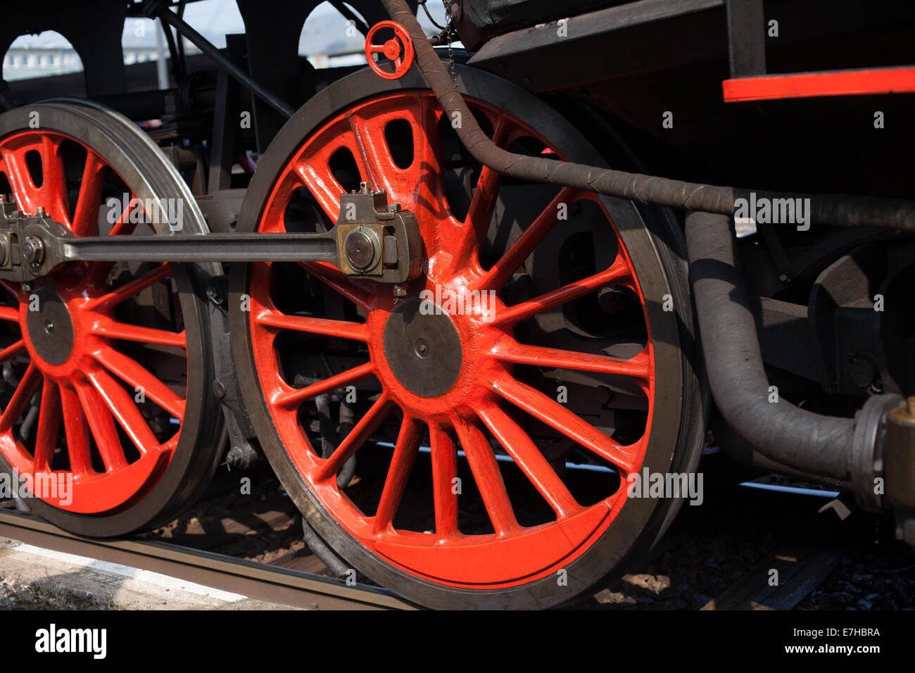 Red wheels of steam locomotive Stock Photo - Alamy