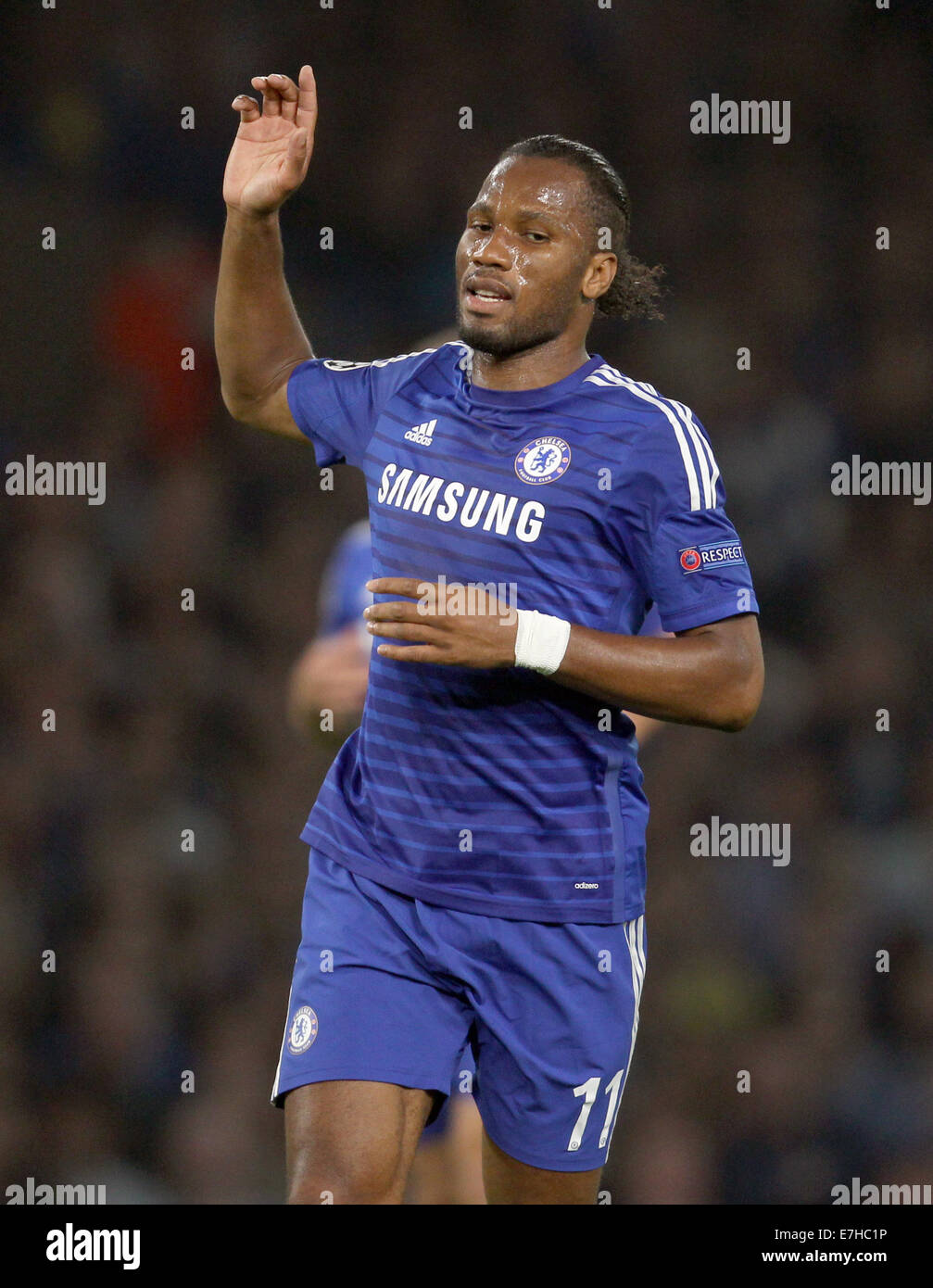 London, Britain. 17th Sep, 2014. Chelsea's Didier Drogba reacts during ...