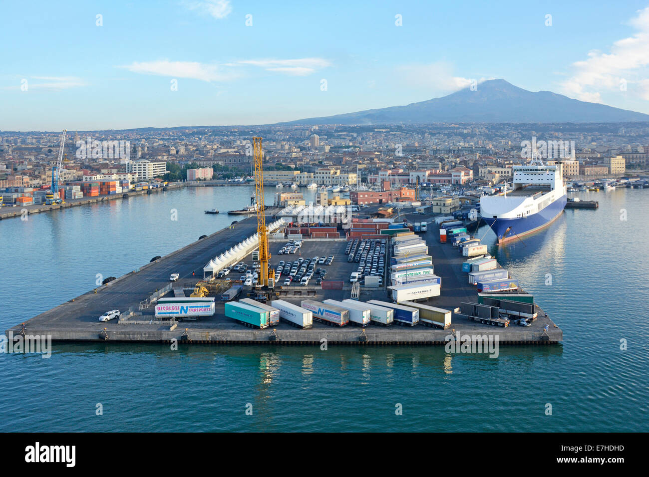 Early morning view Port of Catania with city skyline & Mount Etna Stock ...