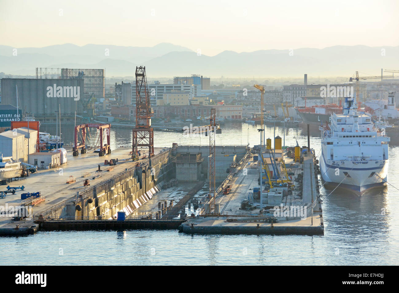 Early morning view of empty dry dock in the Port of Naples with ship ...