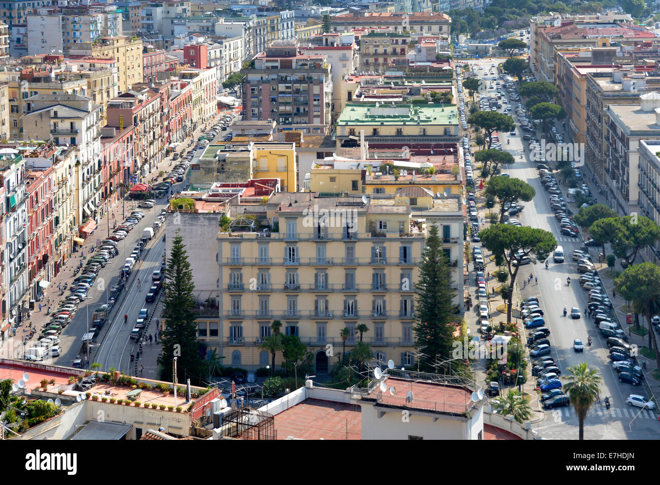 Aerial view from above looking down on Naples cityscape of apartment ...