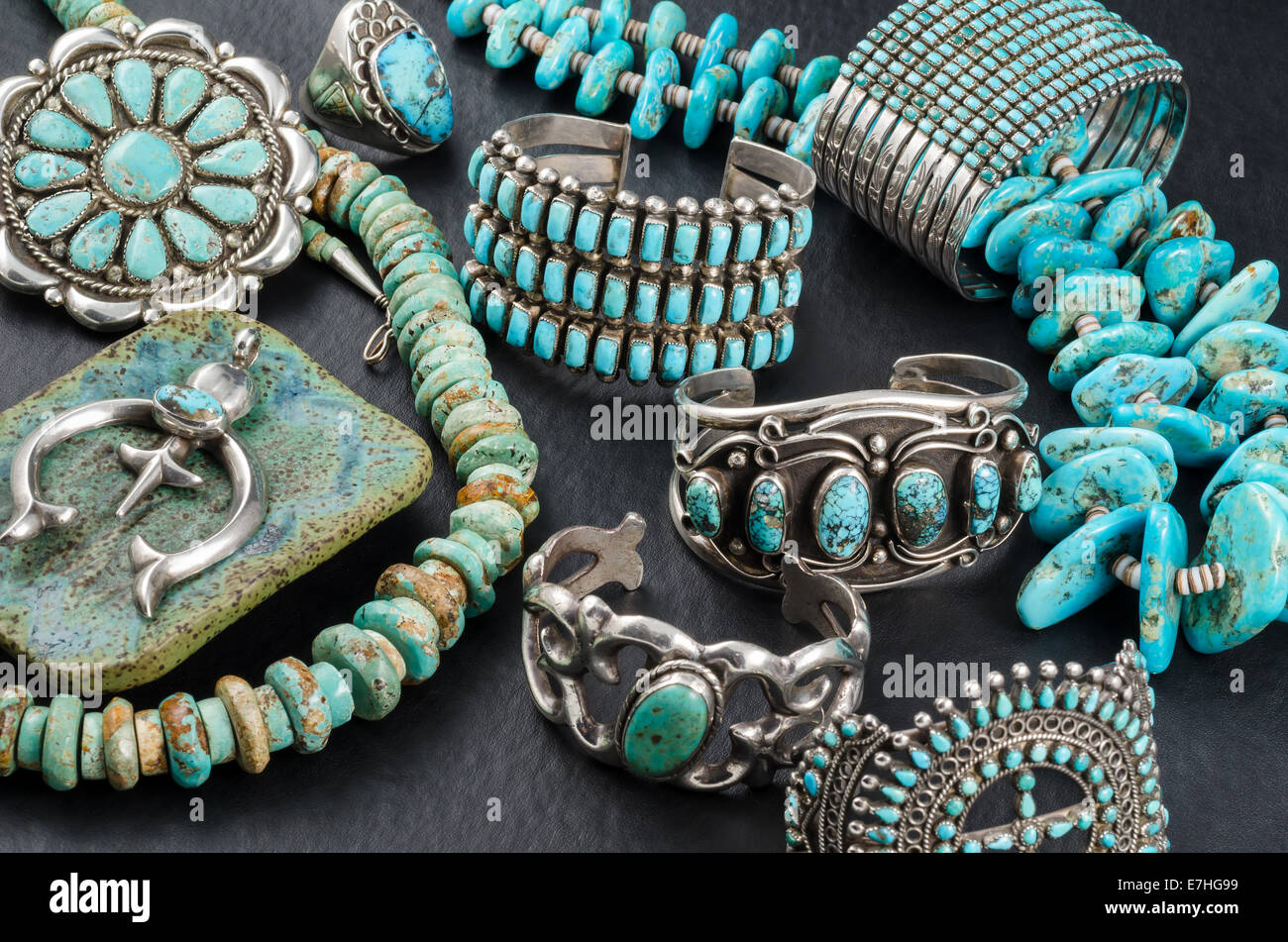 Collection of Vintage Turquoise and Silver Jewelry Stock Photo - Alamy