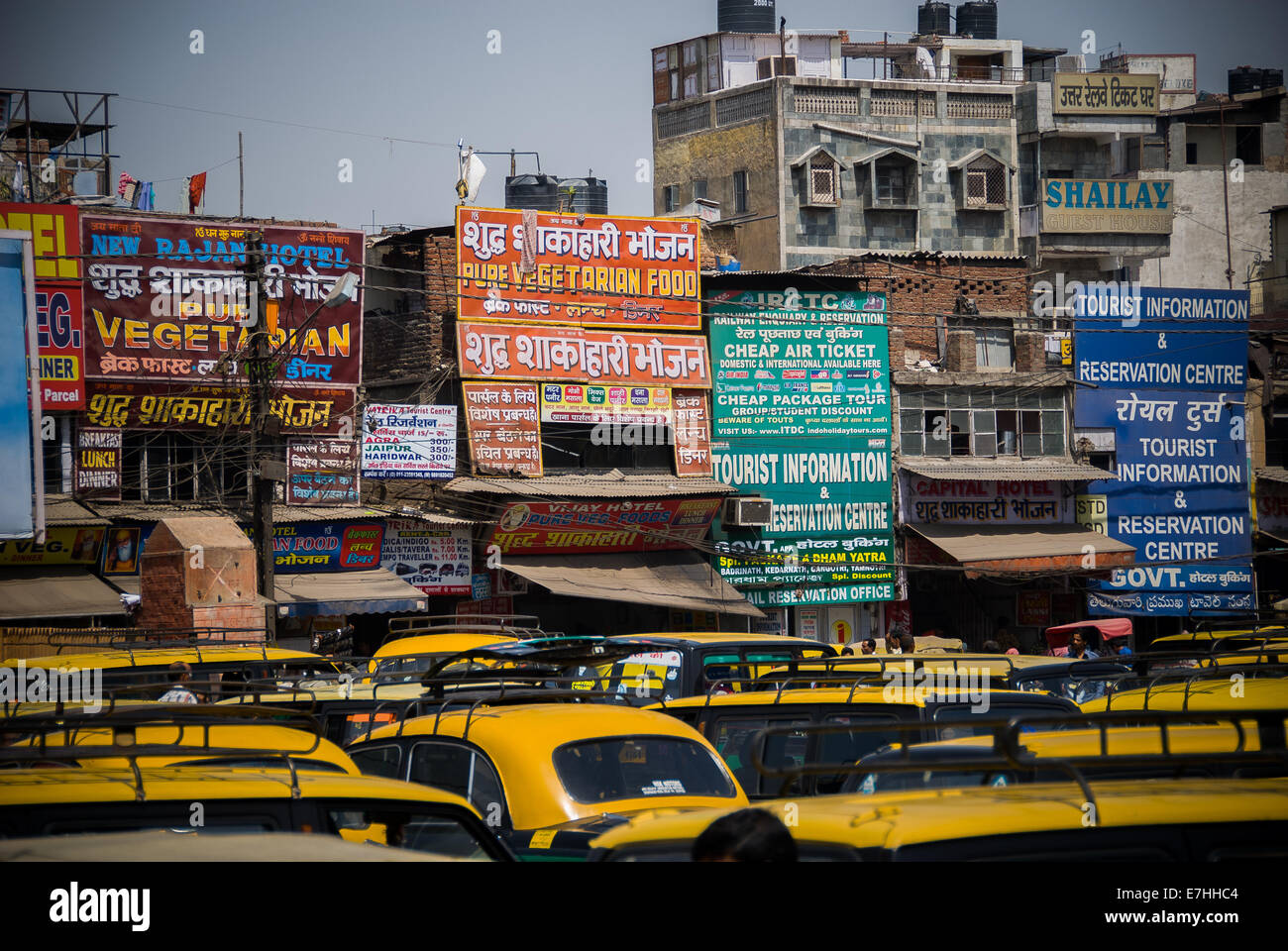 View when leaving New Delhi Railway station with many placards ...