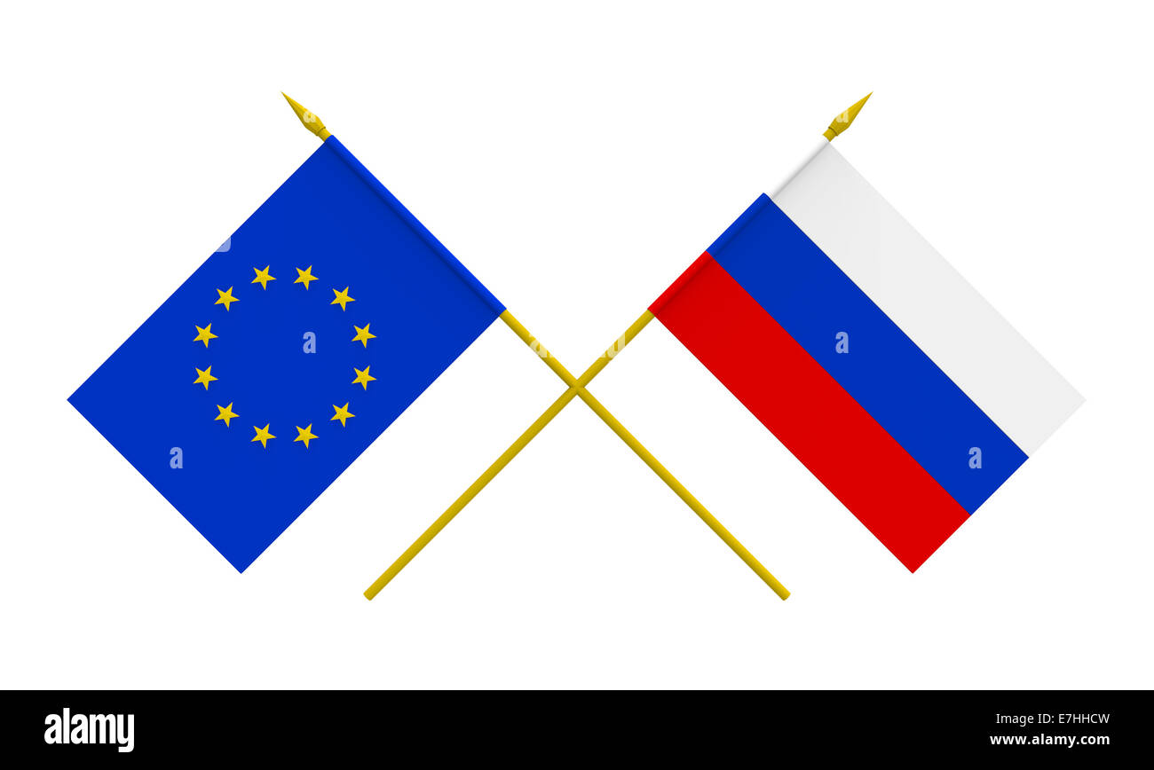 Crossed flags of Russia and European Union, 3d render, isolated on ...