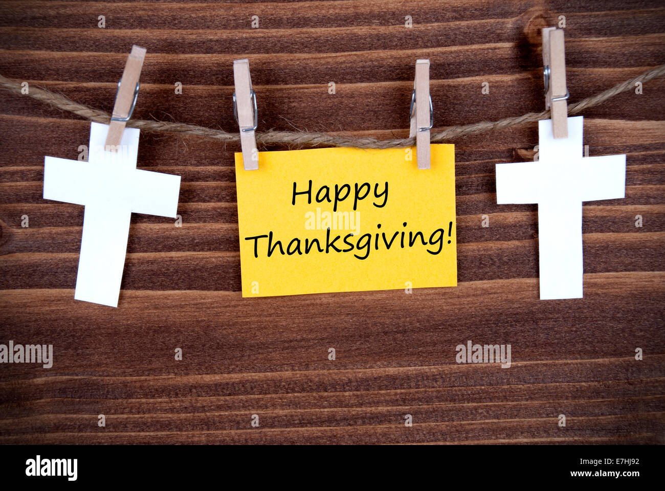 Yellow Label with Happy Thanksgiving Greetings Hanging on a Line with ...