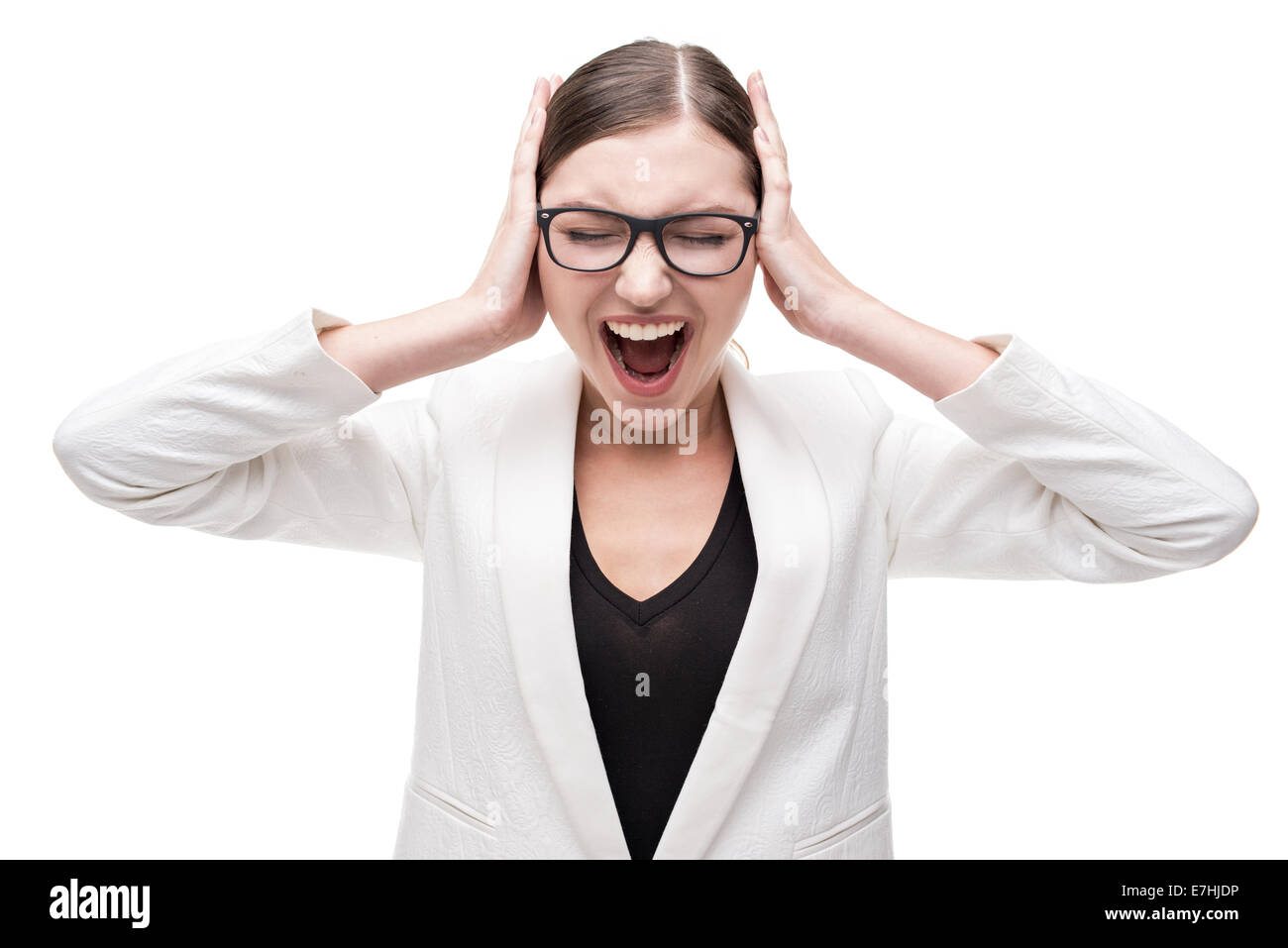 Young contemporary business woman with glasses screaming Stock Photo ...