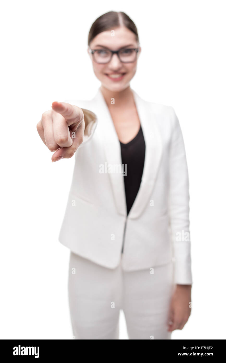 Woman thinking pointing camera hi-res stock photography and images - Alamy
