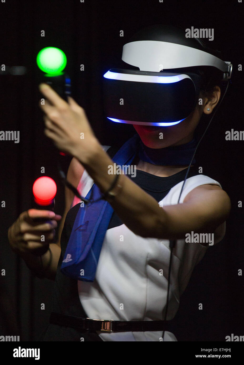 Chiba, Japan. 18th Sep, 2014. A model demonstrates a virtual reality ...